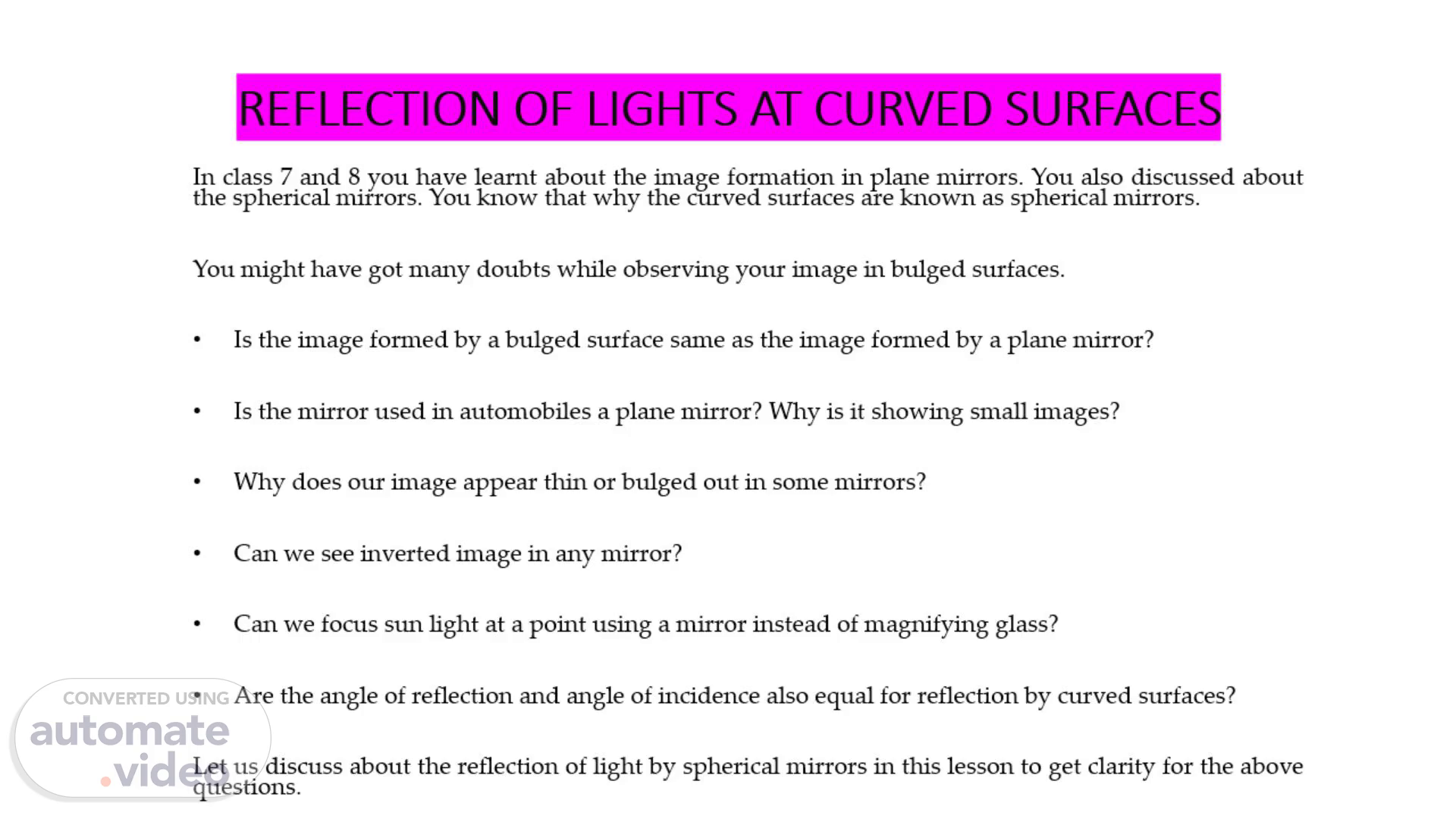 REFLECTION OF LIGHTS AT CURVED SURFACES | Automate.video